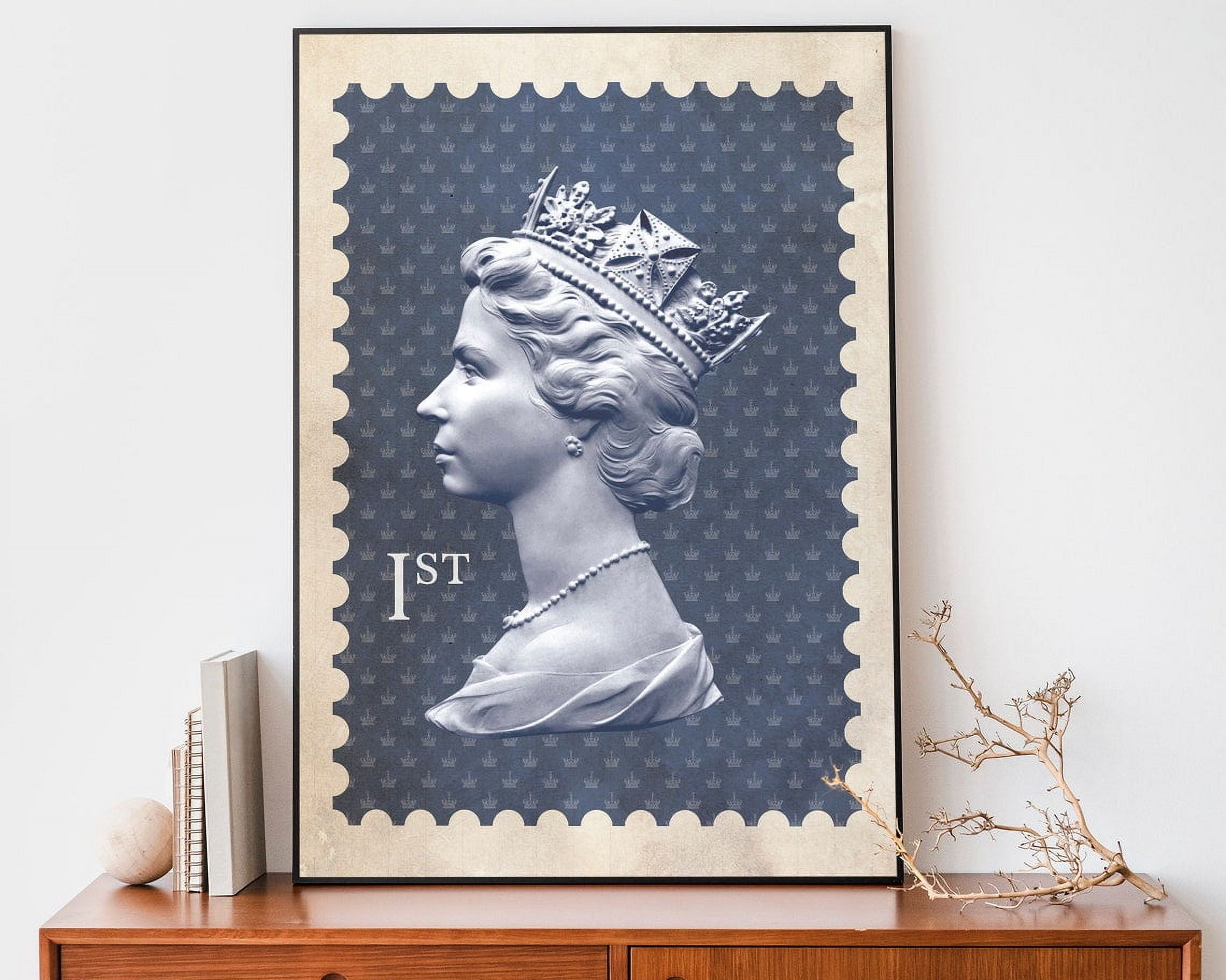 DOPAPRINT Queen Elizabeth Blue Stamp Print, Vintage Queen Of England ...