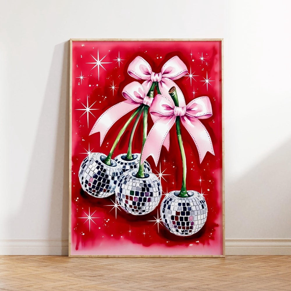DOPAPRINT Red Cherry Print Disco Ball Art Trendy Cherries Wall Art Pink ...