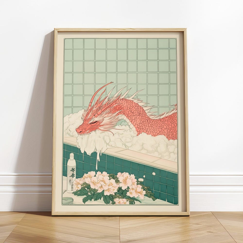 DOPAPRINT Red Dragon In Bathtub, Fantasy Bathroom Wall Art, Japanese ...