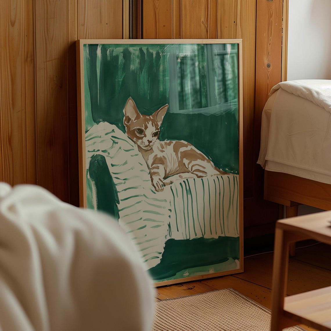 DOPAPRINT Relaxed Cat Art, Green Living Room Decor, Whimsical Cat Wall ...