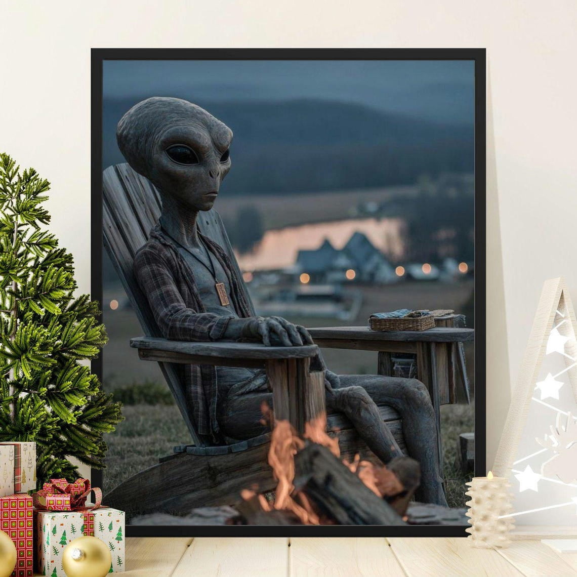 DOPAPRINT Relaxing Alien Poster, Campfire Art, Extraterrestrial Decor ...