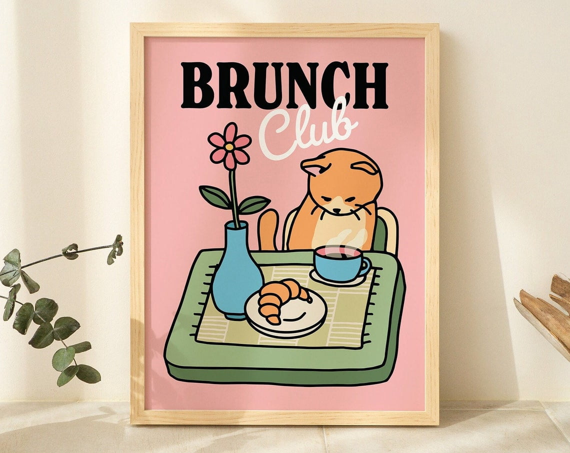 DOPAPRINT Retro Cat Kitchen Print, Brunch Club Cafe Poster, Pink Cats ...