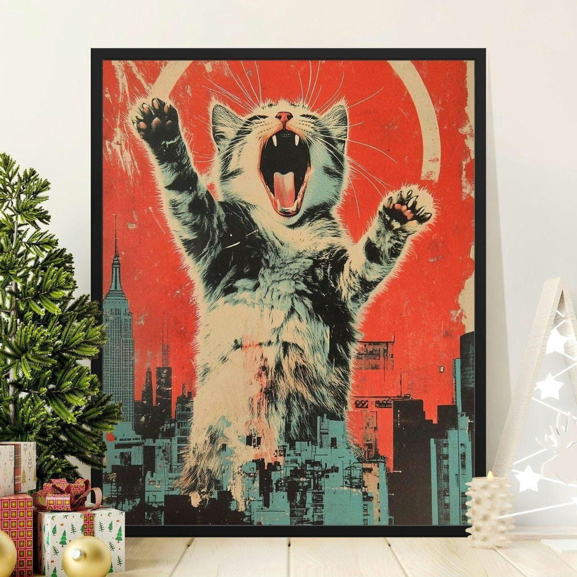 DOPAPRINT Retro Catzilla Poster, Cat Attack Art Print, Vintage Cat Wall ...