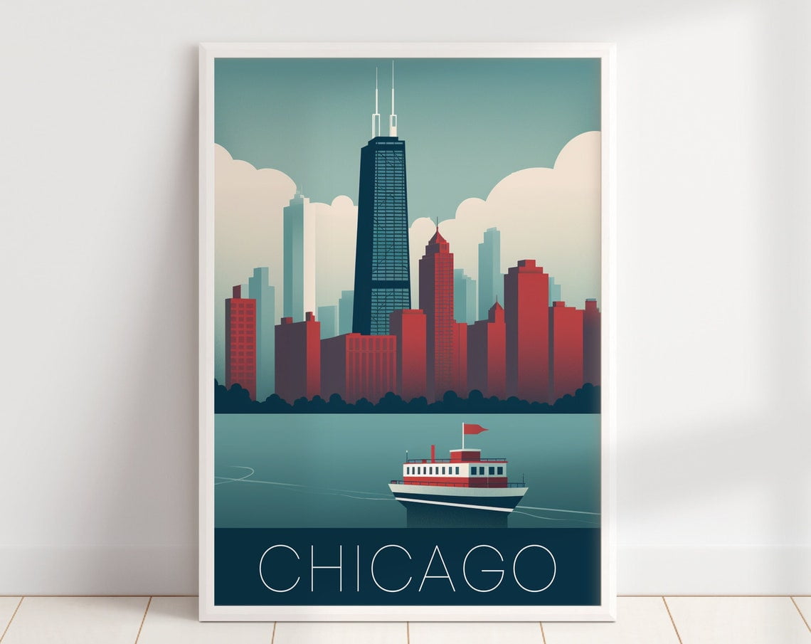 DOPAPRINT Retro Chicago Travel Poster, Minimalist Retro Wall Art ...
