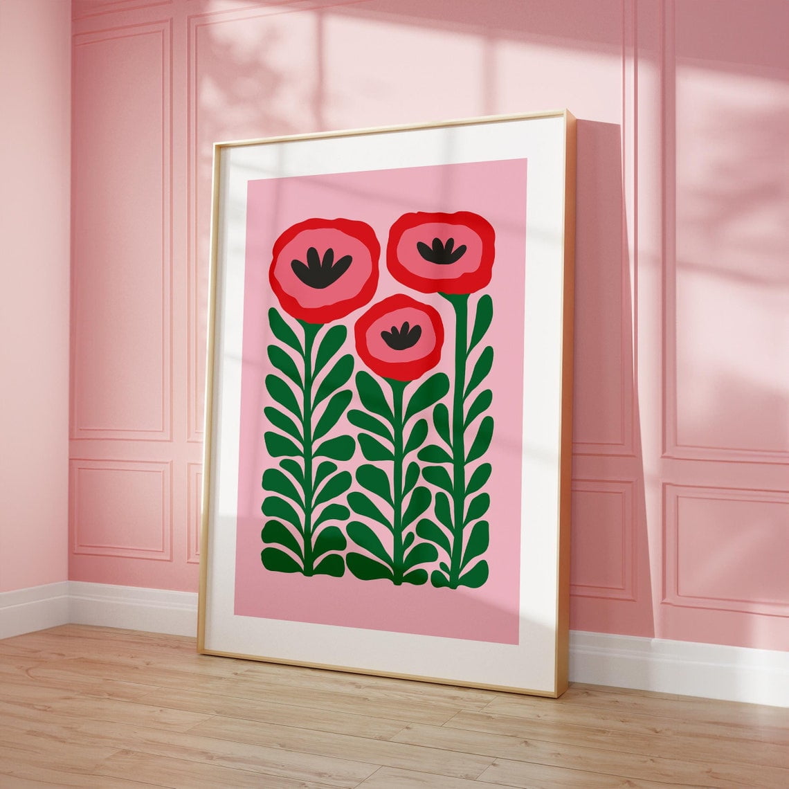 DOPAPRINT Retro Poppy Art Print Maximalist Wall Art Pink & Green Flower ...