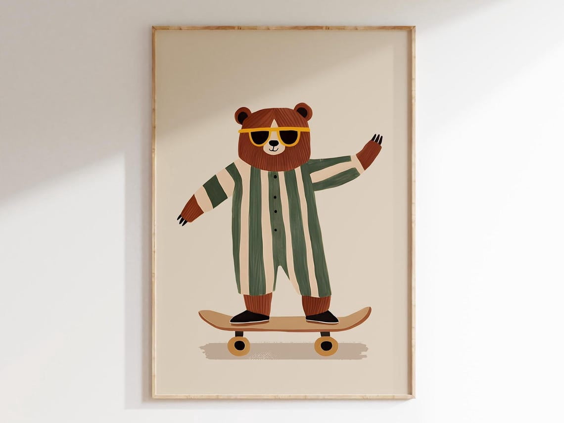 DOPAPRINT Retro Skater Bear Wall Art Green Stripe Nursery Print Cool ...