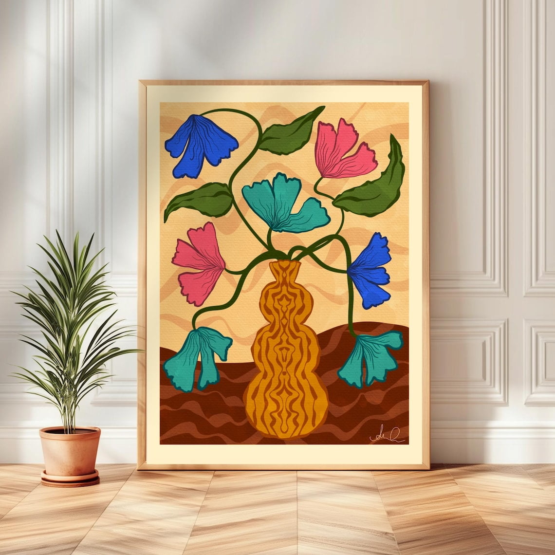DOPAPRINT Retro Vase Floral Wall Art Earth Tone Flower Print Vintage ...