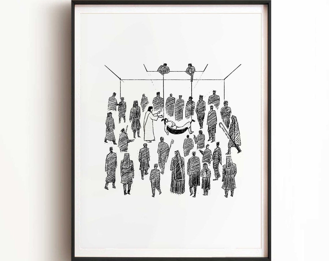 DOPAPRINT Through The Roof, Christ Healing Paralyzed Man Bible Art, God ...