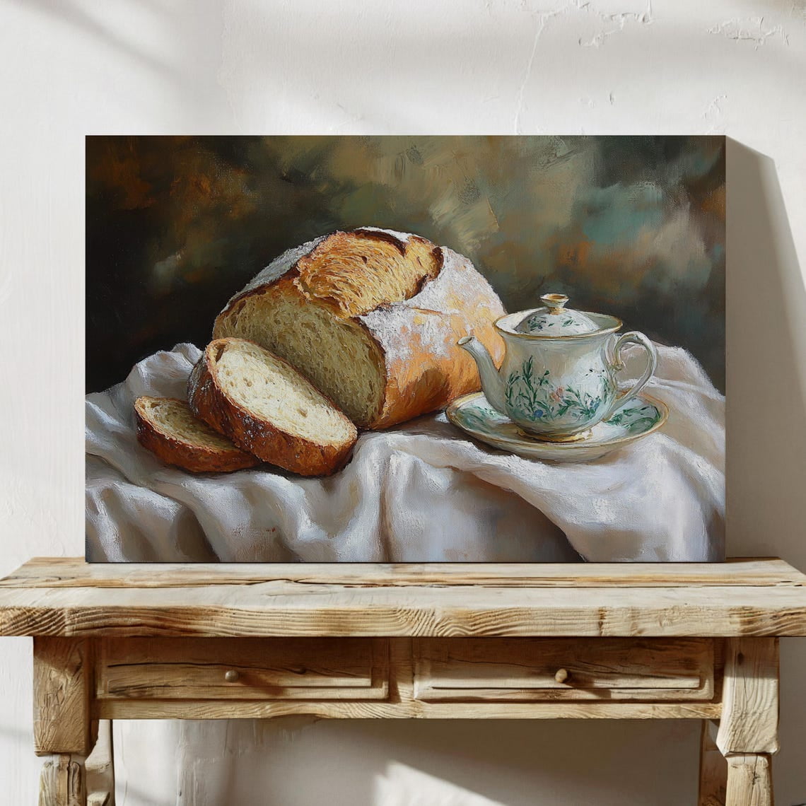 DOPAPRINT Rustic Bread And Teapot Still Life, Vintage Kitchen Wall Art ...