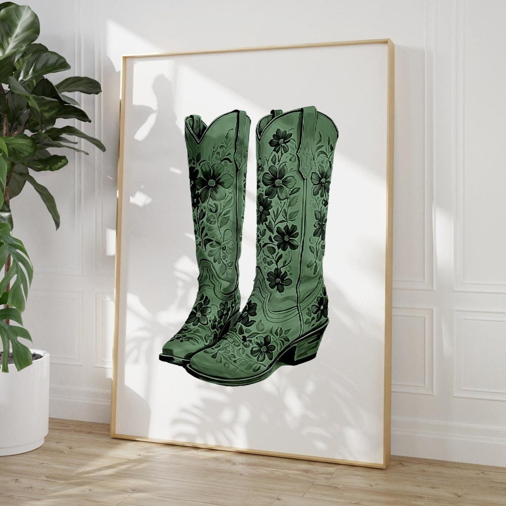 DOPAPRINT Sage Green Cowboy Boots Print, Green Coastal Cowgirl Boot ...