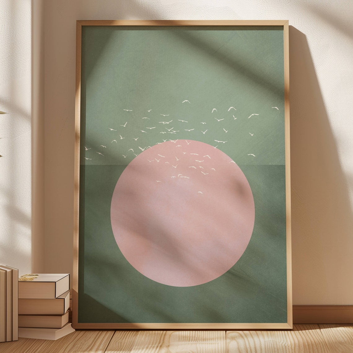 DOPAPRINT Sage Green Wall Art Print, Flying Birds And Sun Japandi Art ...