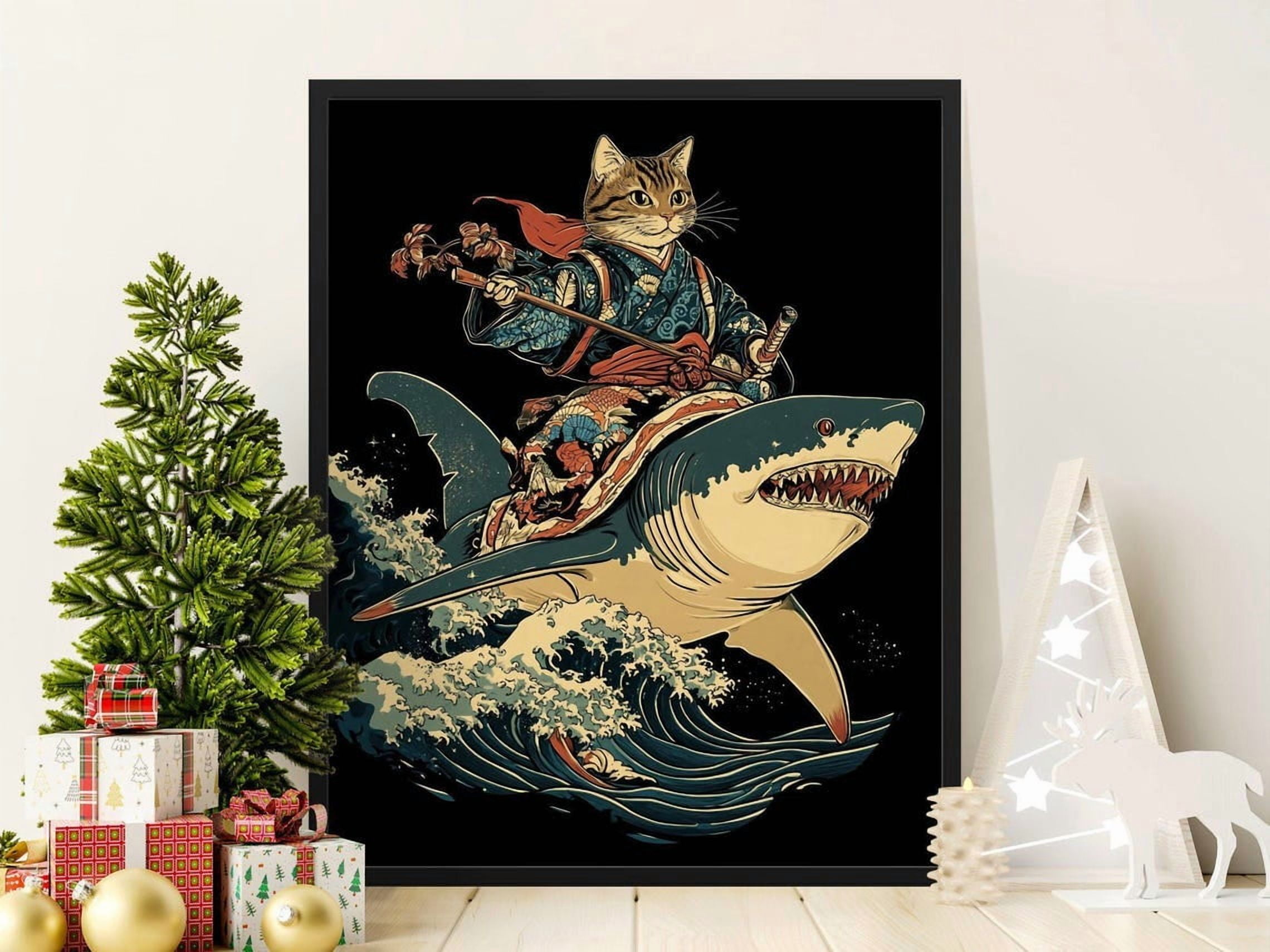 DOPAPRINT Samurai Cat Shark Poster, Unique Wall Art Decor, Cat Lover ...