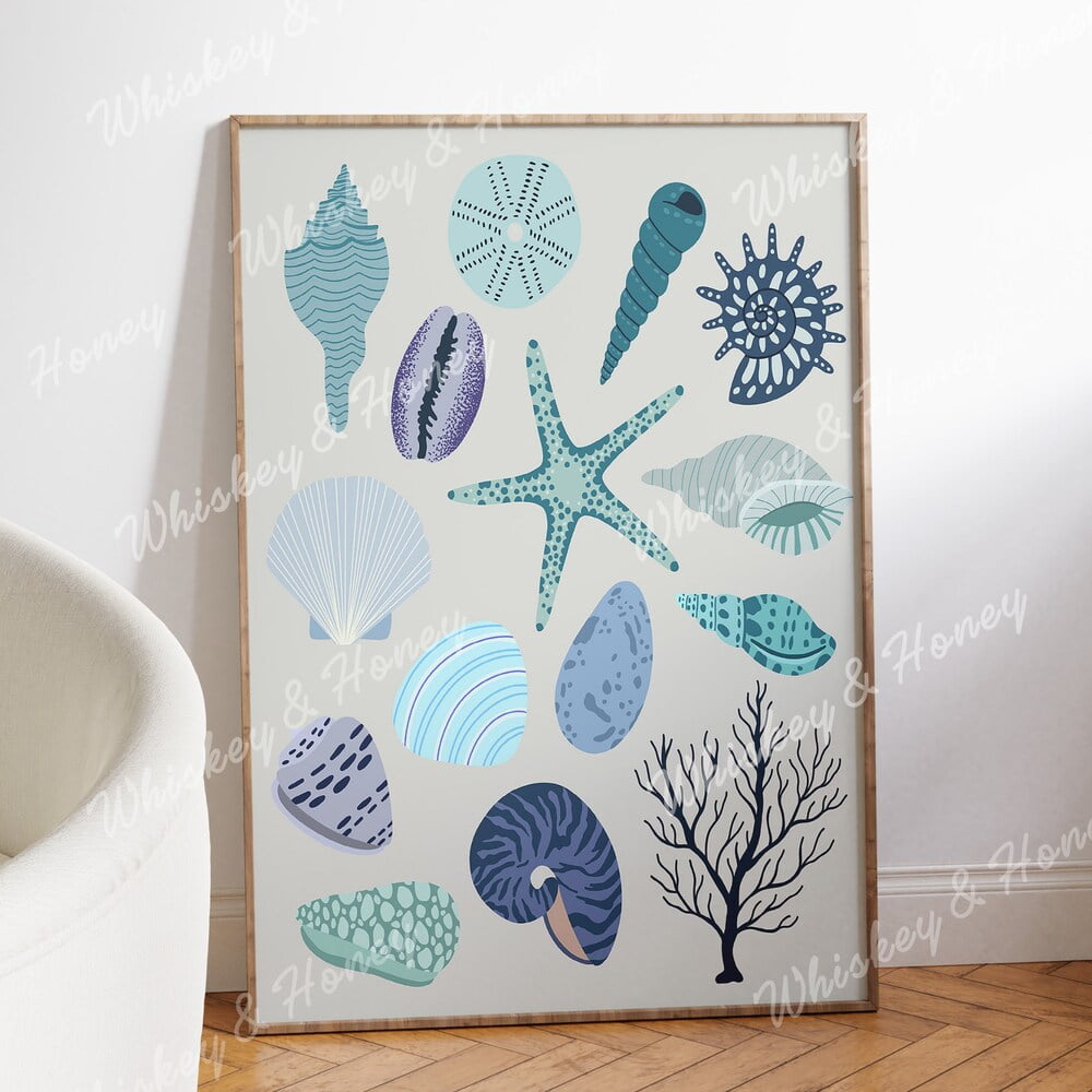 DOPAPRINT, Seashells Art Print, Art, Coastal Art, Blue Seashells ...