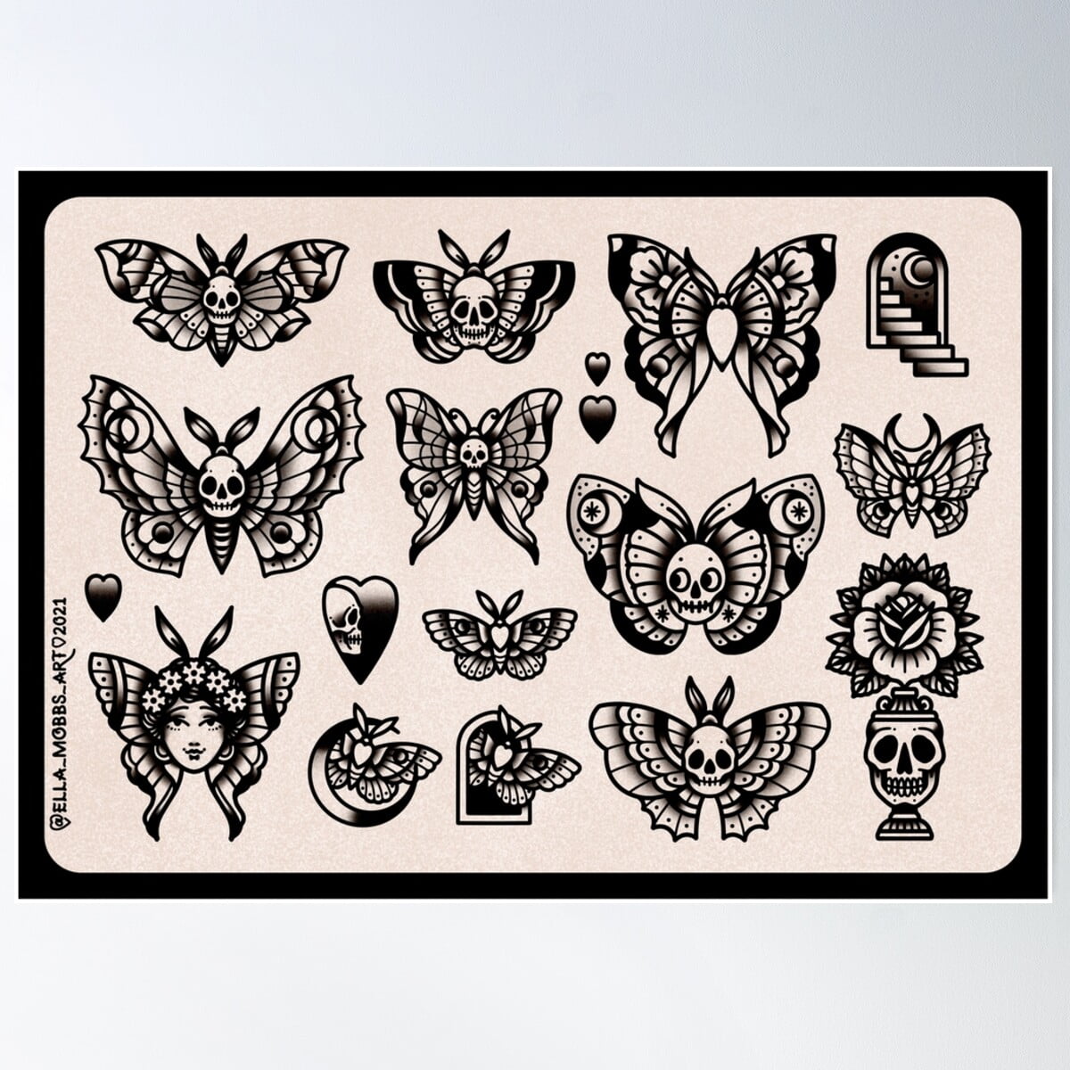 DOPAPRINT Skull Death Moth Classic Cute Traditional Tattoo Flash Style Print Poster Wall Art ...