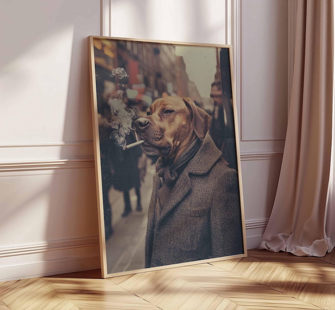 DOPAPRINT Smoking Dog Print, Dapper Dog Wall Art, Vintage Animal Poster ...