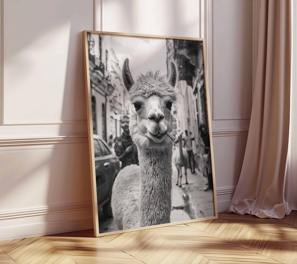 DOPAPRINT Smoking Llama Print, And White Wall Art, Anthropomorphic Art ...