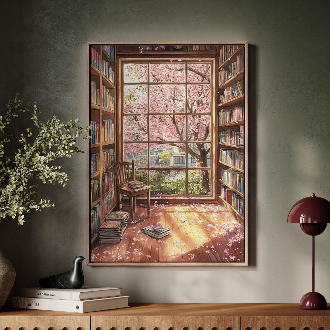 DOPAPRINT Spring Library Window Art Print Cozy Reading Nook With Cherry ...