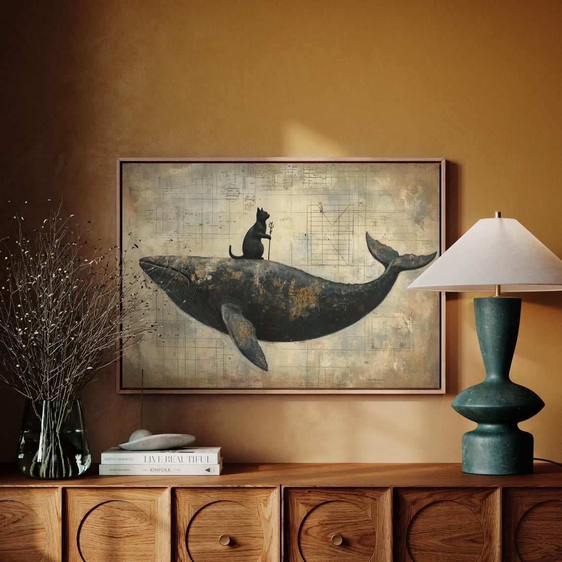DOPAPRINT Steampunk Cat On Whale Wall Art – Nautical Blueprint Print ...