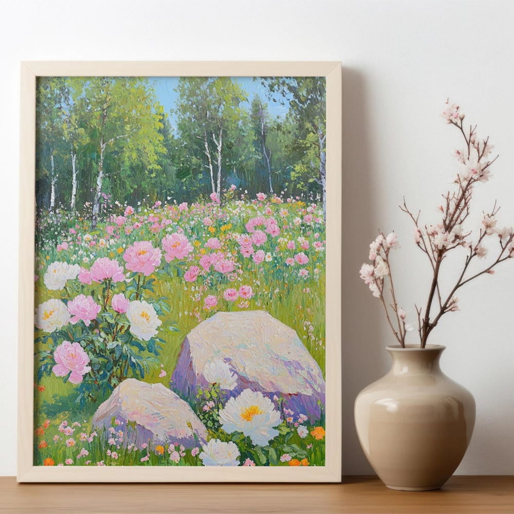DOPAPRINT Summer Peonies Flower Field Oil Painting Print, Beautiful ...