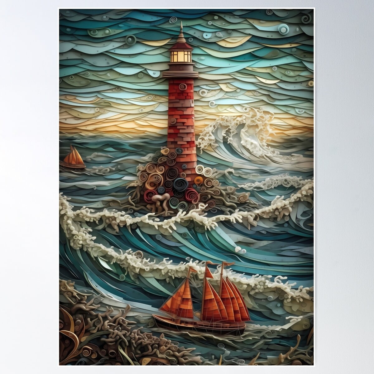 DOPAPRINT Sunset Lighthouse And Rolling Paper Quilling Waves Poster ...