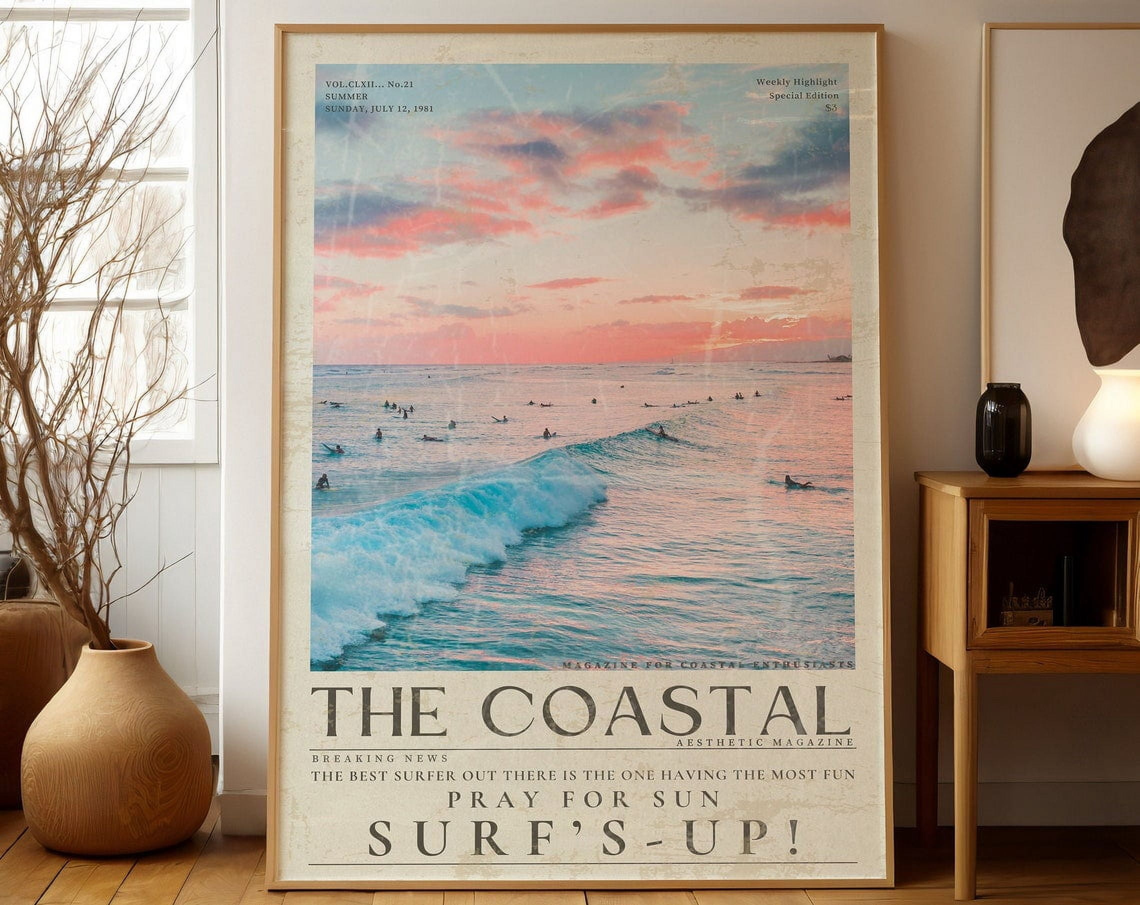DOPAPRINT Surf'S Up Print, Vintage Coastal Surfers Newspaper Wall Art ...