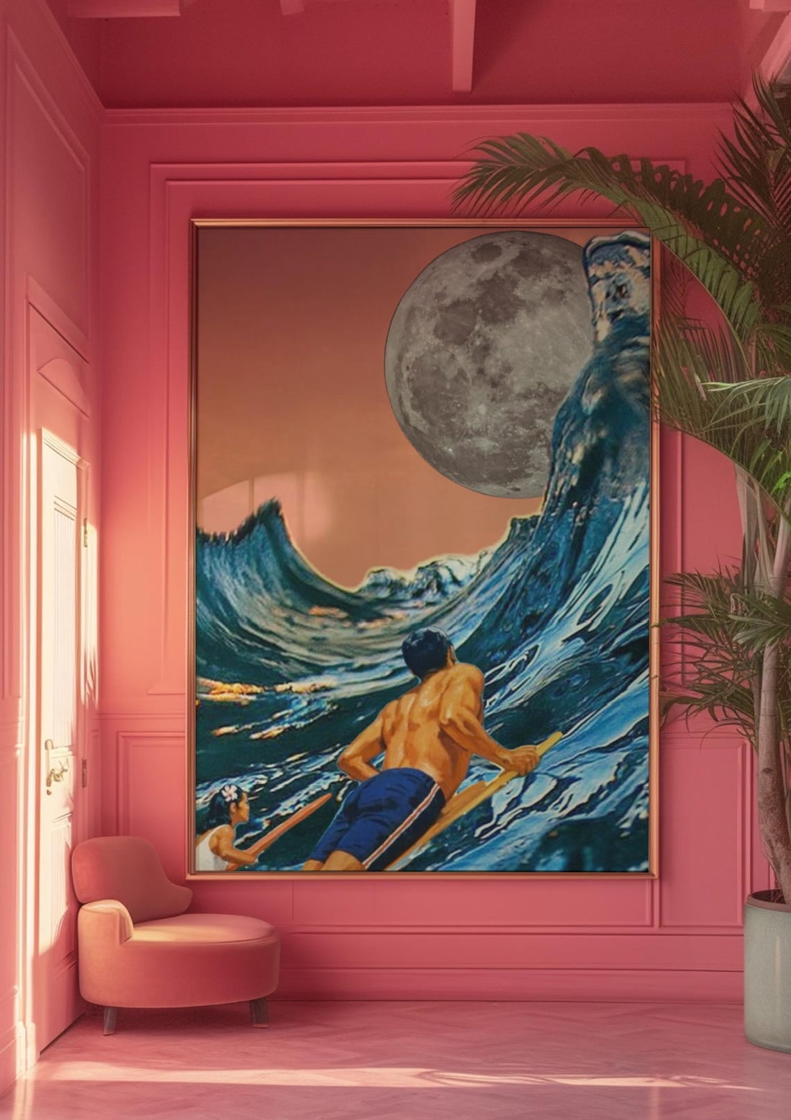 DOPAPRINT Surfer Moon Wave - Retro Beach Surf Wall Art Print For Cool ...