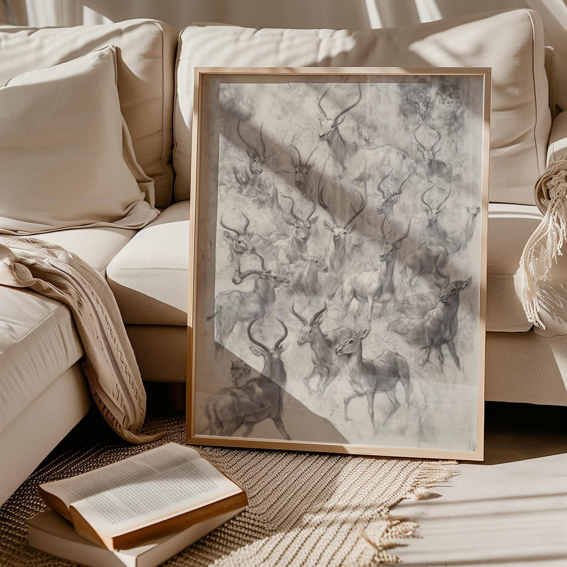 DOPAPRINT Surreal Deer Sketch Print, Monochrome Animal Dreamlike Pencil ...