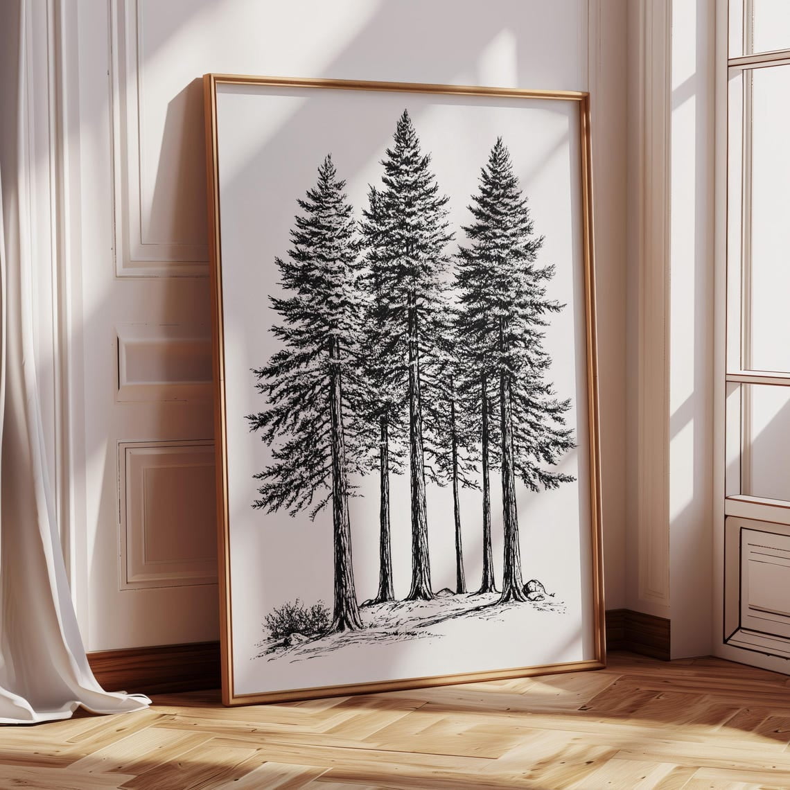 DOPAPRINT Tall Pine Tree Line Art Print, Black And White Forest Drawing ...