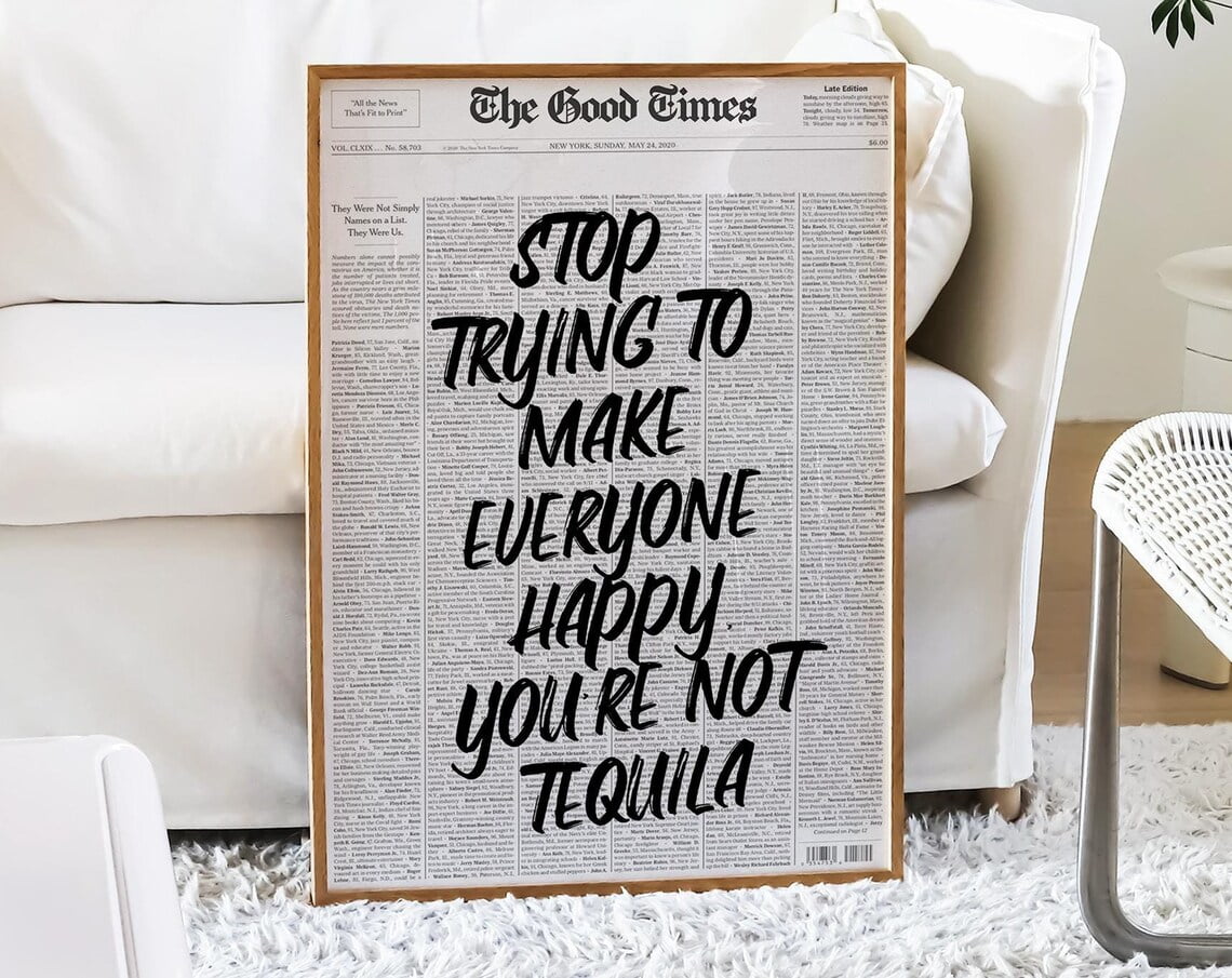 DOPAPRINT Tequila Newspaper Typography Print, Funny Alcohol Drinks ...
