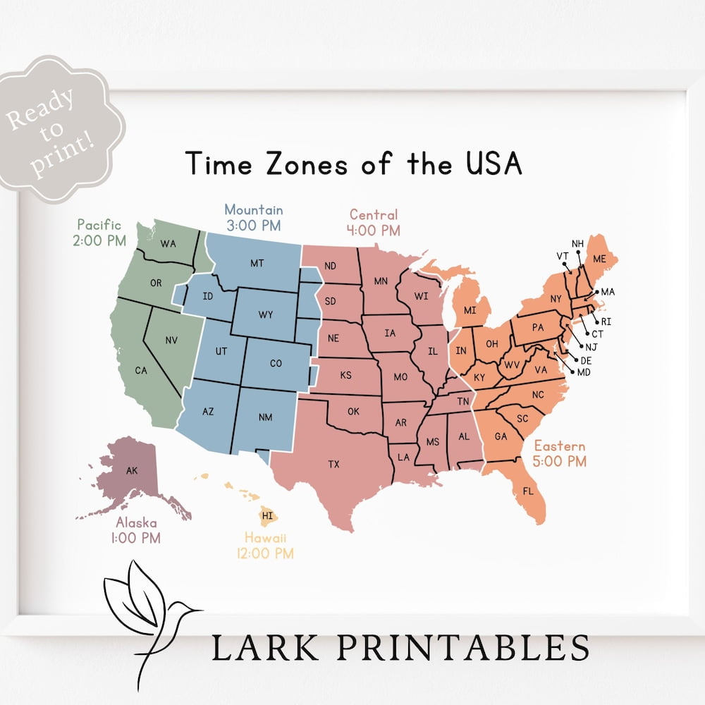 DOPAPRINT Time Zones Of The Usa Map Educational Poster Printable ...