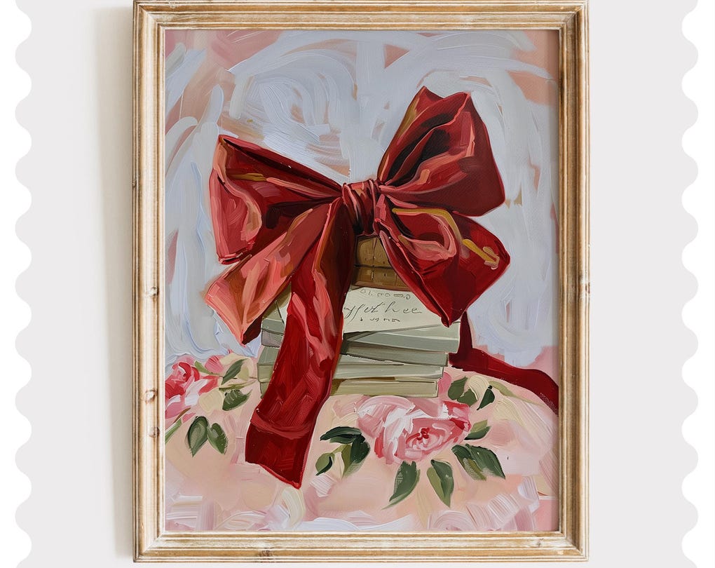 DOPAPRINT Velvet Bow Print Coquette Book Stack Wall Art, Red Ribbon ...