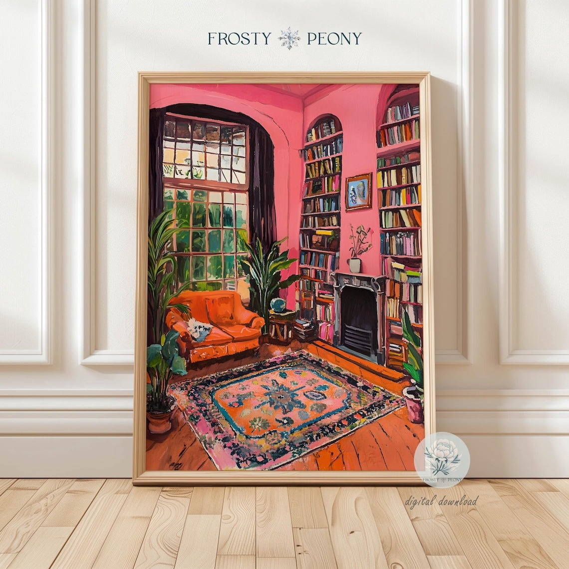 DOPAPRINT Vibrant Reading Corner Art Print, Cozy Bookshelves And Plants ...