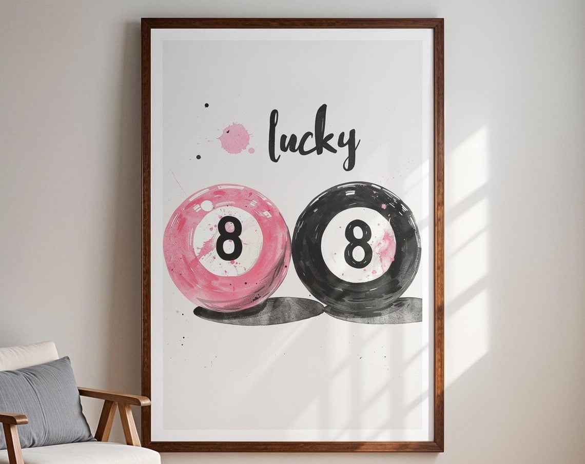 DOPAPRINT Vintage 8 Ball Print, Lucky Pool Ball Wall Art, Retro Hand ...