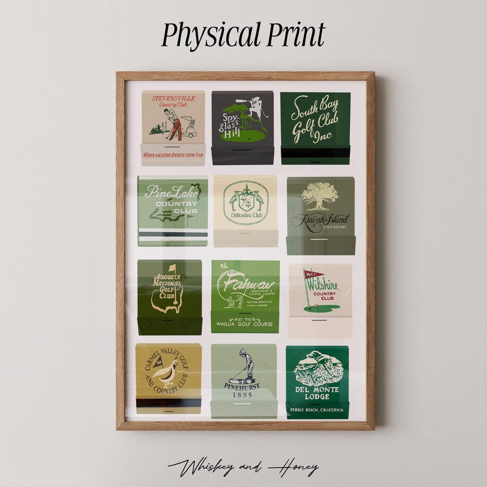 DOPAPRINT Vintage Golf Courses Matchbooks Art Print, Golf Art, Bar Cart ...