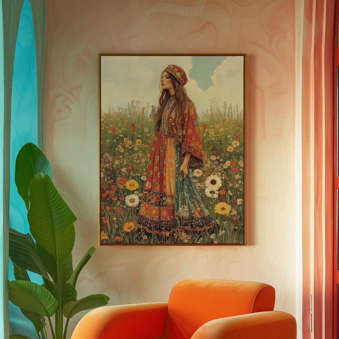 DOPAPRINT Vintage Hippie Girl Floral Wall Art Print, Wildflower Print ...