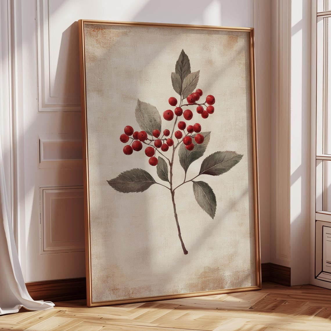 DOPAPRINT Vintage Red Berry Botanical Print, Rustic Winter Foliage Wall Art, Holiday Nature ...