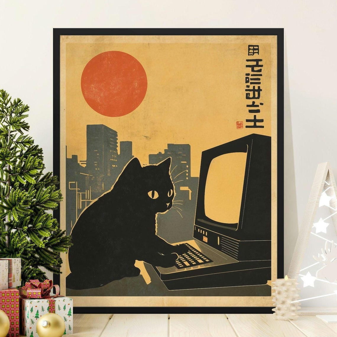 DOPAPRINT Vintage Style Cat Poster, Retro Cat With Computer, Japanese ...