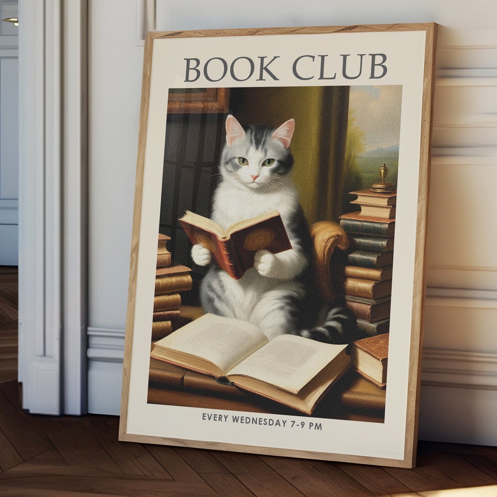 DOPAPRINT Vintage book poster, Book club print, victorian cat reading a ...