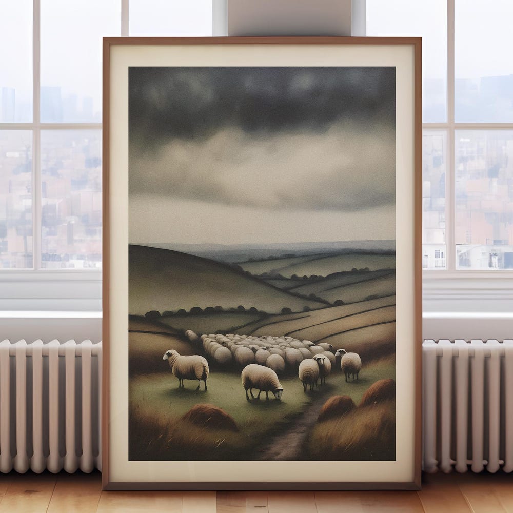 DOPAPRINT Vintage sheep painting, moody landscape painting, dark ...