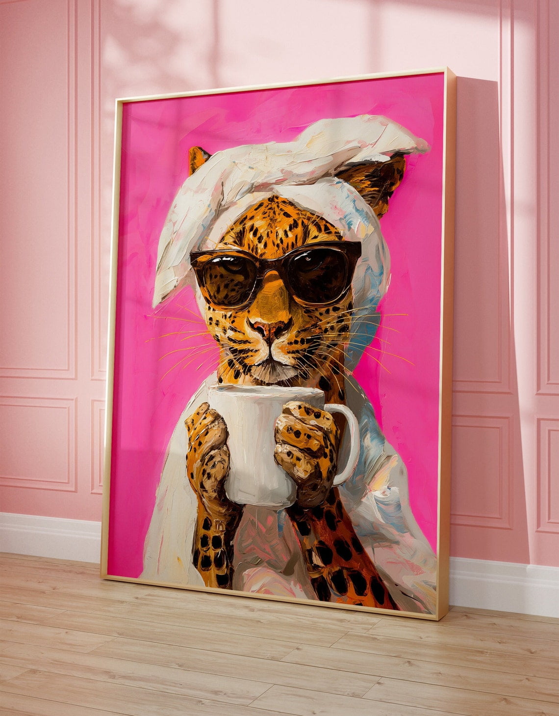 DOPAPRINT Wall Art, Leo.pard Drinking Coffee Maximalist Oil Painting, Dopamine Dining Room ...