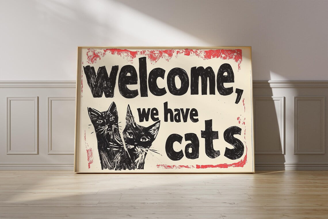 DOPAPRINT Welcome We Have Cats, Fun Painted Wall Art, Cat Lover Art ...