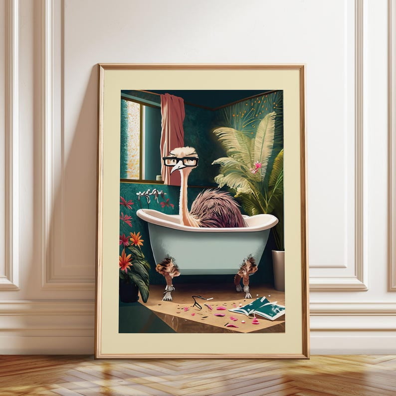 DOPAPRINT Whimsical Ostrich Bathtub Art - Charming Watercolor Prints Of Playful Ostrich Enjoying ...