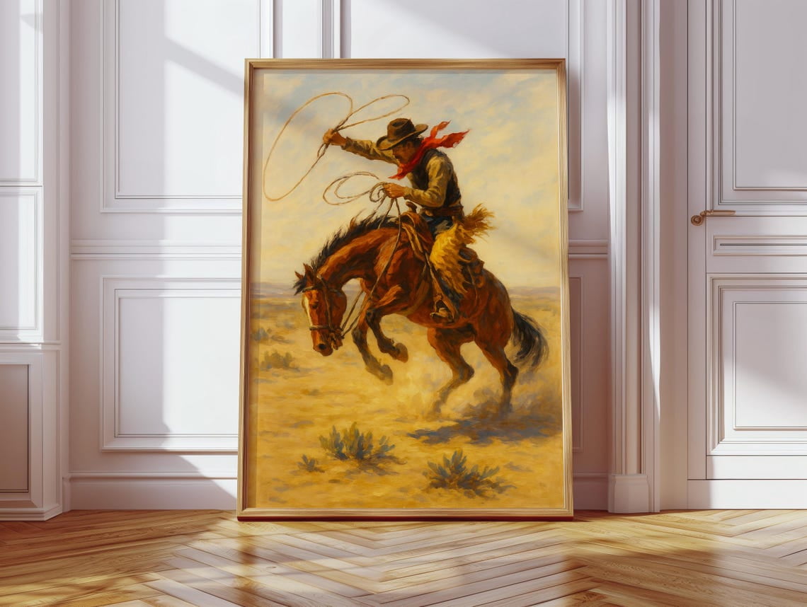 DOPAPRINT Wild West Cowboy Roping On Horse Western Rodeo Action Painting Rustic Southwestern ...