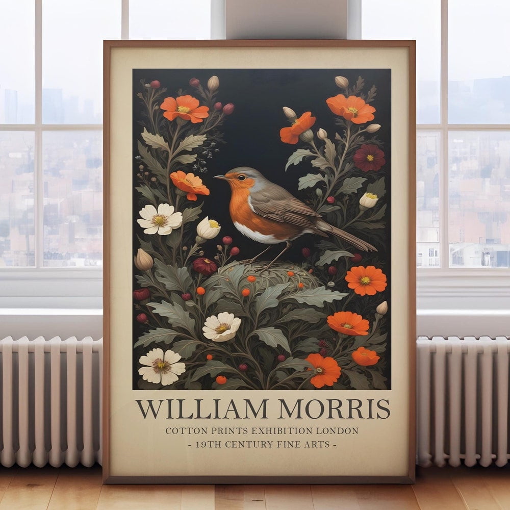 DOPAPRINT William Morris print, red robin bird print, dark botanical ...