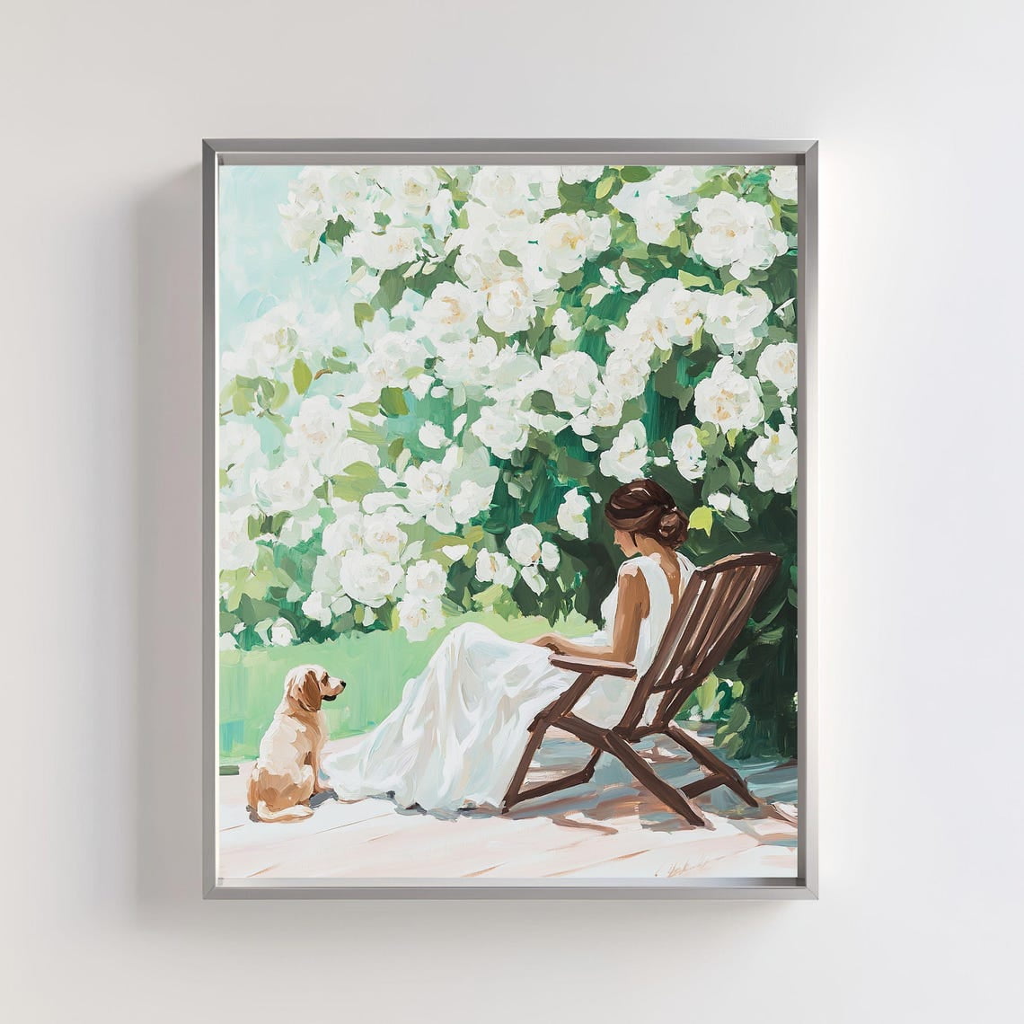 DOPAPRINT Woman And Dog In Garden, Romantic White Rose Artwork ...