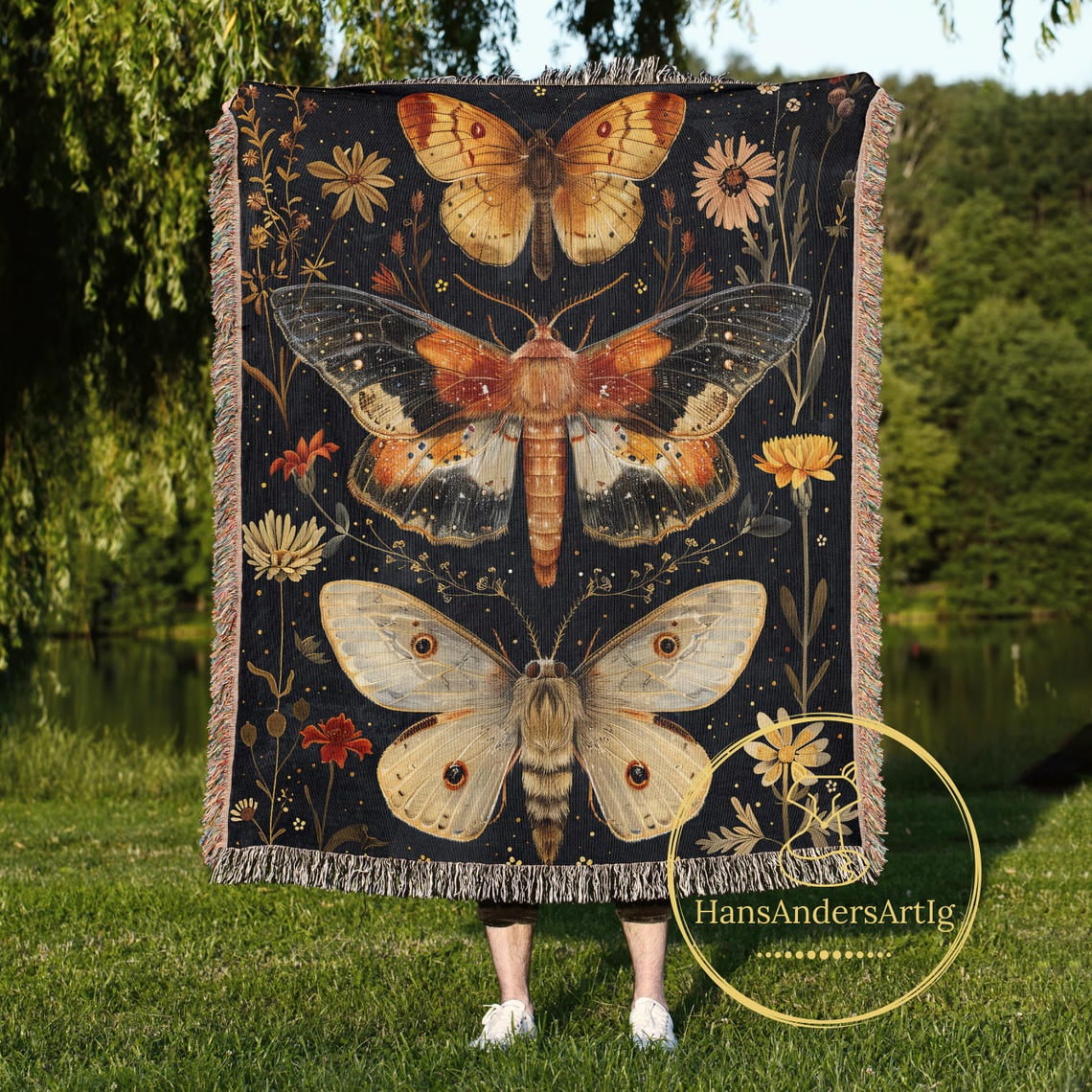 DOPAPRINT Woven Blanket Dark Cottagecore Throw Blanket Moths Decor ...