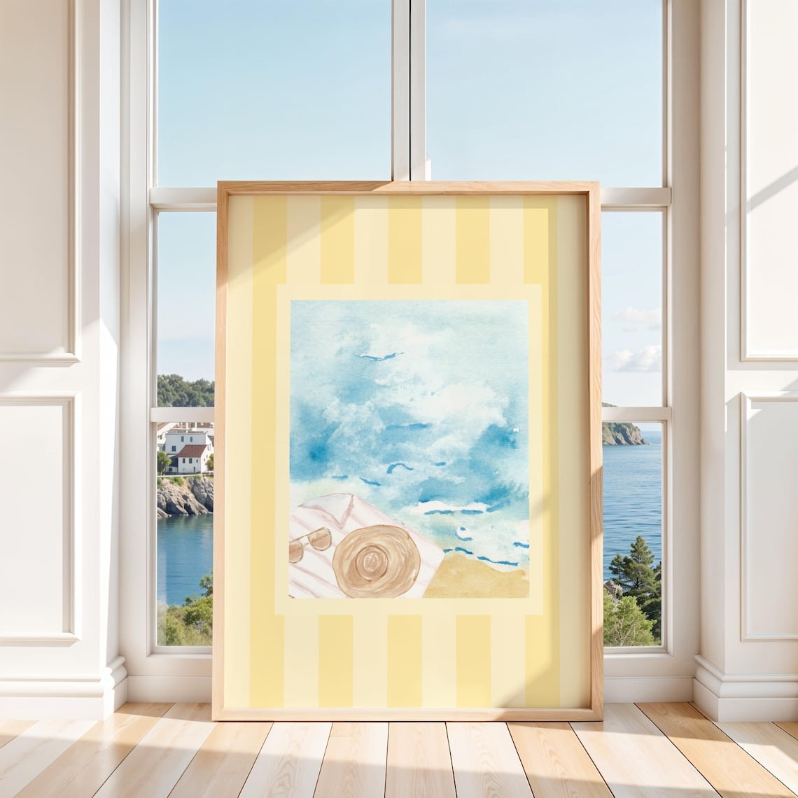 DOPAPRINT Yellow Watercolor Style Stripe Wall Art, Beachy Coastal, Soft Sunshine Striped Decor ...