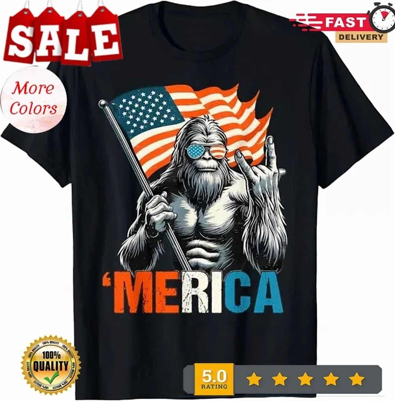 DOPASHIRT Bigfoot Merica Rock American Flag Patriotic 4Th Of July T ...