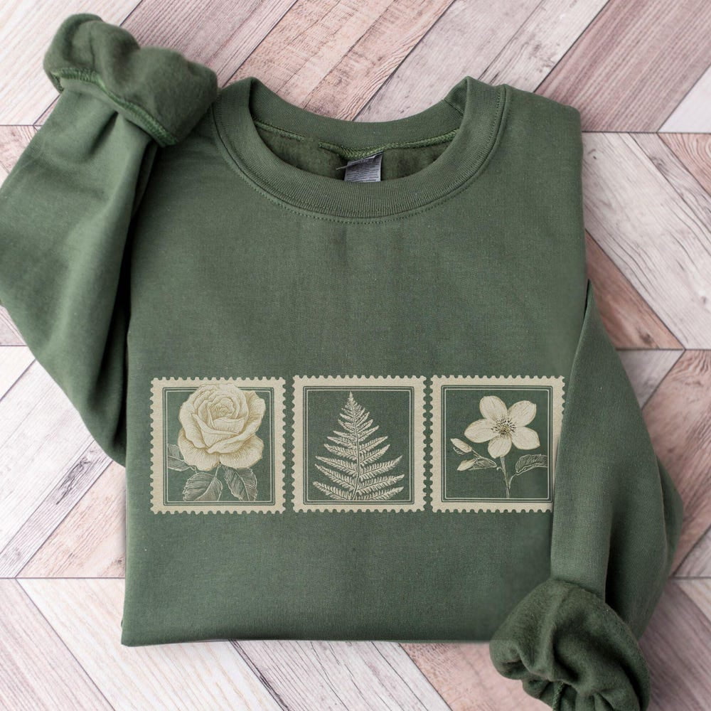 DOPASHIRT Botanical Postage Stamp Sweatshirt, Minimalist Vintage Rose ...