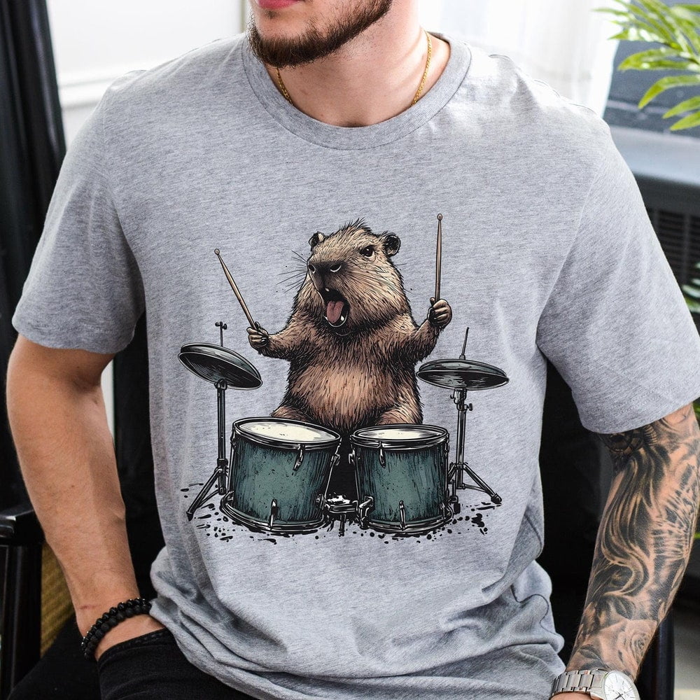 DOPASHIRT Cool Capybara Drummer Rockstar Tee, Musician Tshirt, Short Sleeve Shirt, Funny Drummer ...